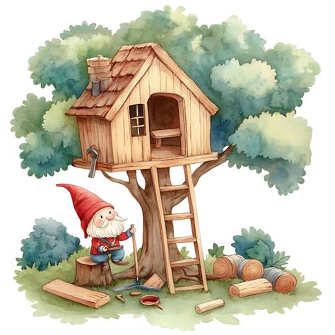 Gnome Building A Treehouse In The Forest Premium AI Generated Image