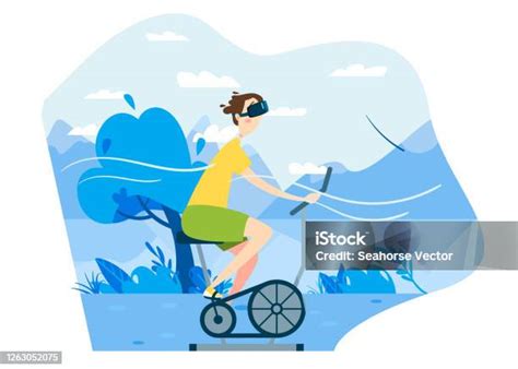 남성 캐릭터 훈련 홈 Vr 운동 자전거 가상 현실 스포츠 운동은 흰색에 고립 만화 벡터 일러스트 증강 안경을 쓴 남자 건강한