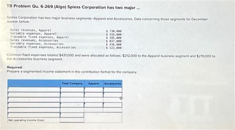 solved tb problem qu 6 269 algo spiess corporation has