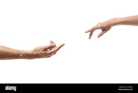Woman And Man Reaching Out To Each Other On White Background Stock Photo Alamy