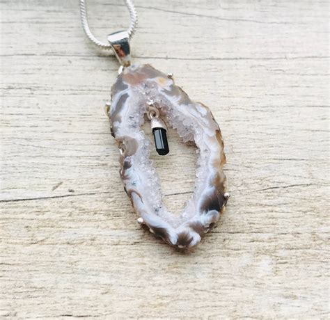 Natural Raw Druzy Agate Geode Slice And Green Tourmaline Pendant Druzy