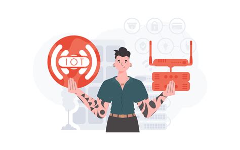 Iot Concept A Man Holds The Internet Of Things Logo In Her Hands Router And Server Good For