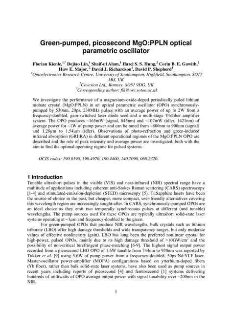 Pdf Green Pumped Picosecond Mgoppln Optical Parametric Oscillator