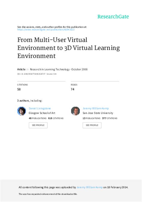 Pdf From Multi User Virtual Environment To 3d Virtual Learning Environment