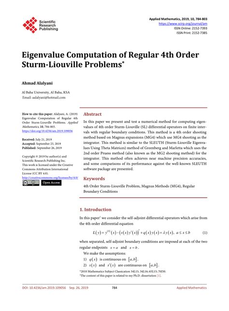 Pdf Eigenvalue Computation Of Regular 4th Order Sturm Liouville Problems