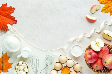 Autumn Fall Baking Food Background With Flour Milk Eggs Apples
