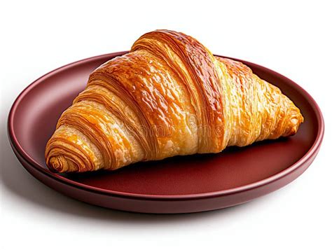 Golden Flaky Croissant Rests On Dark Maroon Plate Showcasing Its