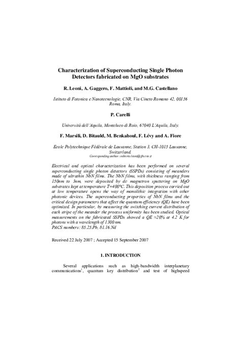 Pdf Characterization Of Superconducting Single Photon Detectors Fabricated On Mgo Substrates