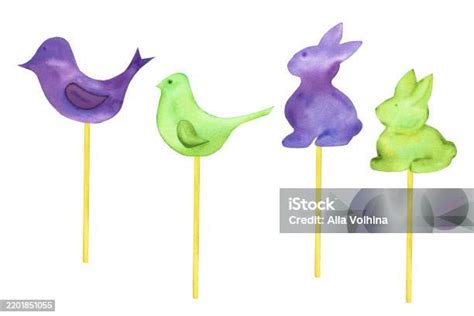 막대기에 귀여운 새와 토끼 부활절 토퍼 수채화 일러스트 4월에 대한 스톡 벡터 아트 및 기타 이미지 4월 개체 그룹 계절 Istock