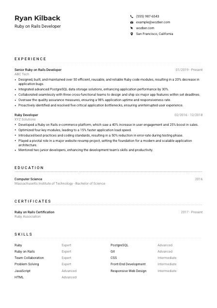 ruby on rails developer resume example