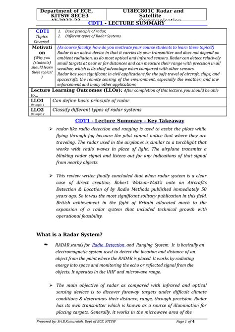 Different Types Of Radar Systems Department Of Ece Kitsw 8ece Ay2022 U18ec801c Radar And