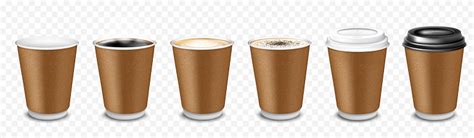 커피 라떼 카푸치노 에스프레소 아메리카노 코코아용 종이 일회용 컵 세트 플라스틱 커버컵 커피갈기 투명 한 배경에 격리 된 벡터
