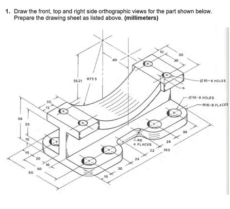 solved orthographic views of this drawing including dimensions in