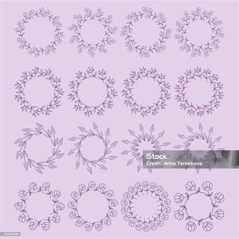 심플한 플라워 서클 프레임 빅 세트 손으로 그린 보라색 둥근 선 테두리 나뭇잎과 꽃 청첩장 및 카드 로고 디자인 및 포스터 템플릿 우아한 최소 스타일 꽃 격리 세트 0명에