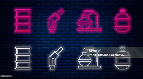 설정 라인 가솔린 펌프 노즐 석유 및 가스 산업 공장 건물 배럴 오일과 프로판 가스 탱크 벽돌 벽에 빛나는 네온 아이콘입니다 벡터 0명에 대한 스톡 벡터 아트 및 기타