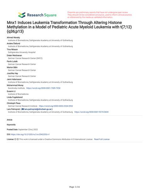Pdf Mnx1 Induces Leukemia Transformation Through Altering Histone