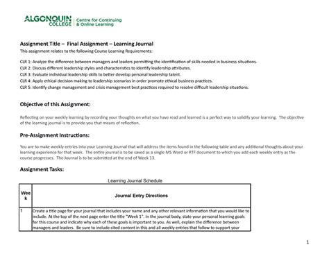 Learning Journal Information Needed To Complete Assignment Ahead Of