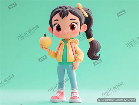 Ai创作图卡通 女孩 苹果 绿色背景 黄色外套 蓝色裤子 粉色鞋子 头发扎成马尾 头上戴着黄色蝴蝶结 微笑表情 手持苹果 友好亲切 青春活力 数字艺术 3d渲染 视频游戏角色 动画电影 儿童