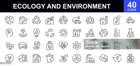 생태 및 환경 라인 아이콘 세트입니다 환경 지속 가능성 자연 재활용 재생 가능 에너지 친환경 산림 풍력 녹색 기호 등 에코 관련 라인 아이콘 세트 0명에 대한 스톡 벡터