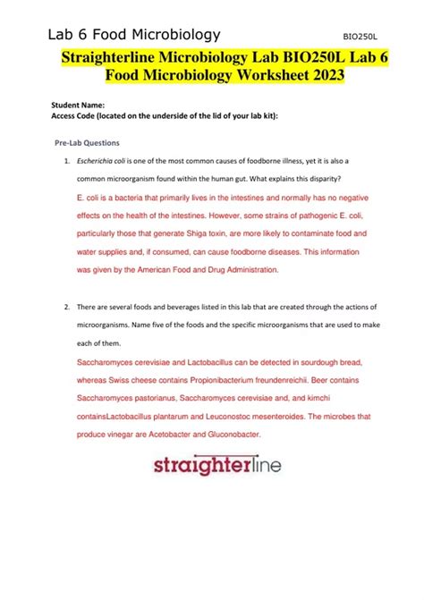 Straighterline Microbiology Lab BIO L Lab Food Microbiology Worksheet Questions