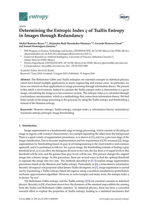 Pdf Determining The Entropic Index Q Of Tsallis Entropy In Images Through Redundancy