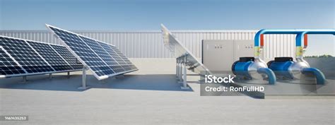 옥상 공장에 있는 물 펌프 스테이션의 3d 렌더링 원심 펌프 전기 모터 파이프 라인 밸브 태양 전지 패널 및 컨트롤 박스를