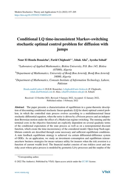Pdf Conditional Lq Time Inconsistent Markov Switching Stochastic Optimal Control Problem For