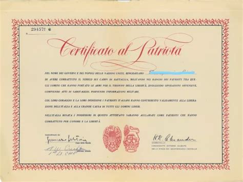 DIPLOMA DI PARTIGIANO Certificato Al Patriota Firma Del Capo Banda E