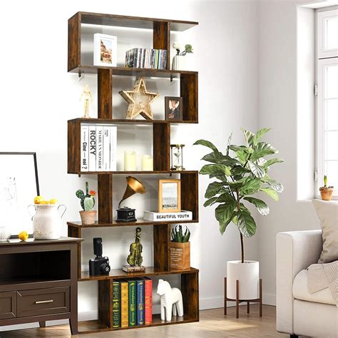 Ifanny 6 Tier Bookshelf S Shaped Bookcase W Staggered Storage Shelves