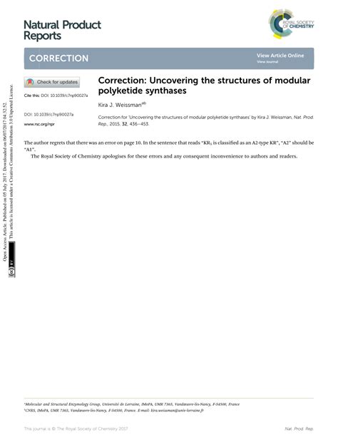 Pdf Correction Uncovering The Structures Of Modular Polyketide Synthases