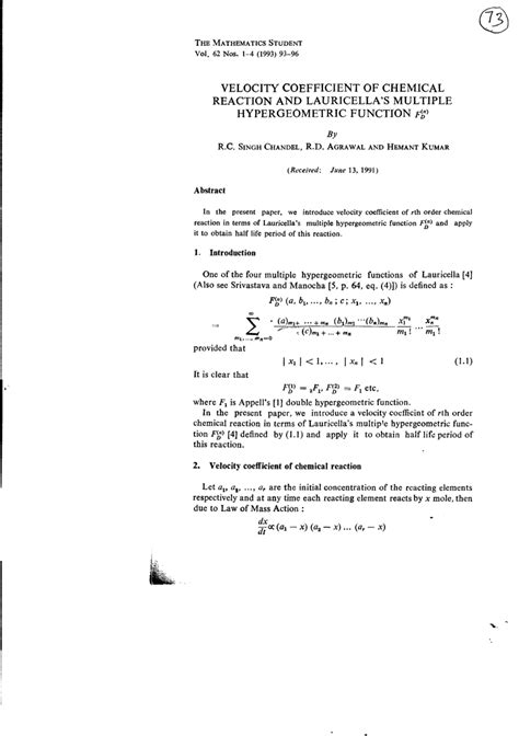 Pdf Velocity Coefficient Of Chemical Reaction And Lauricellas