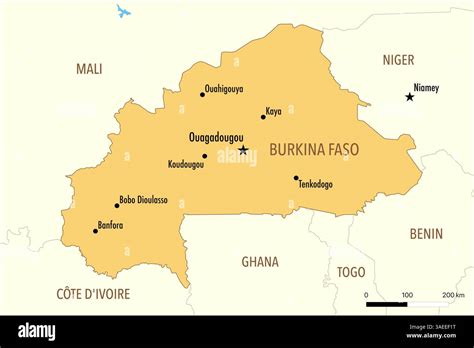 Map Of Burkina Faso With Major Cities And Neighboring Countries Stock