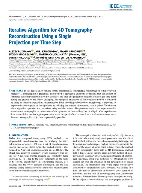 Pdf Iterative Algorithm For 4d Tomography Reconstruction Using A Single Projection Per Time Step