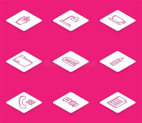 Set Line Flowers In Pot Table Lamp Coffee Cup Flat Document Folder Office Stapler Pencil