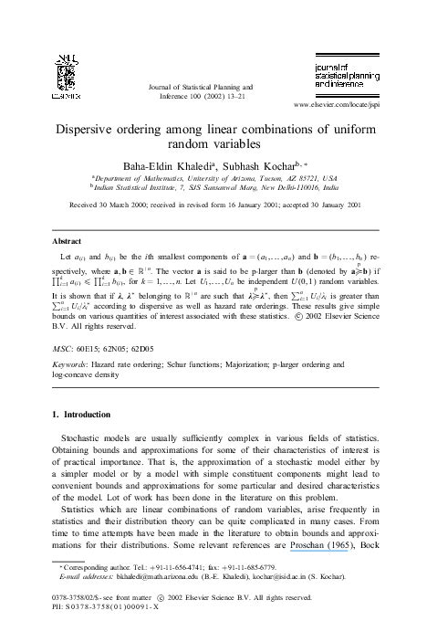 pdf dispersive ordering among linear combinations of uniform random