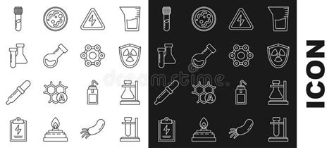 Set Line Test Tube Flask On Stand Radioactive In Shield High Voltage Sign Chemical And