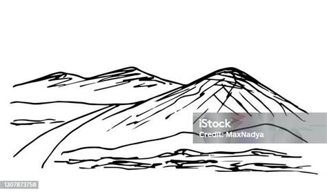 검은 윤곽선에 간단한 손으로 그린 벡터 그리기 산악 풍경 도로 구릉 지대 광야 자연 바위 인쇄 엽서 라벨의 경우 검은색에 대한