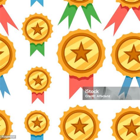 완벽 한 패턴입니다 파란색 빨간색과 녹색 리본으로 황금 상 배지 세트 흰색 바탕에 평면 벡터 일러스트 레이 션 경쟁에 대한 스톡