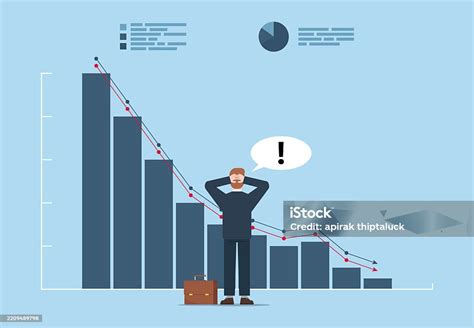 충격에 휩싸여 떨어지는 사업 그래프를 바라보며 서 있는 사업가 사업 실패 및 파산 주식 시장의 위기와 재정적 손실 실패 경기 침체의 비즈니스 개념 감소에 대한 스톡 벡터