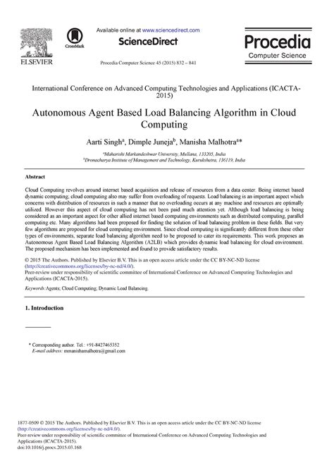 Autonomous Agent Based Load Balancing Algorithm In Cloud Procedia Computer Science
