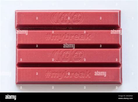 Bar Of Kitkat Kit Kat Kit Kat Made With Ruby Cocoa Beans Removed From Wrapper On White