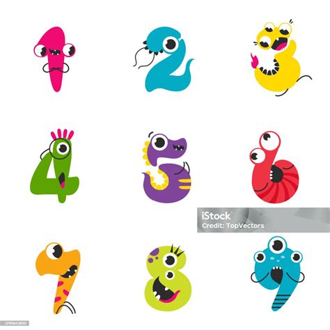 재미있는 괴물 숫자 세트 숫자의 모양에 귀여운 판타지 다채로운 생물 수학 어린이 만화 스타일 벡터 일러스트에 대한 학습 자료 0명에 대한 스톡 벡터 아트 및 기타 이미지