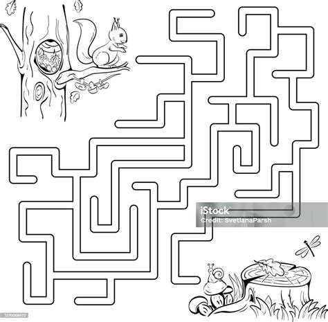 다람쥐와 미로 게임 작은 다람쥐가 오래된 나무 그루터기옆에 있는 버섯에 도착하도록 도와주세요 검은 색 스케치 색칠 페이지입니다 그루터기 식물 부위에 대한 스톡 벡터 아트 및