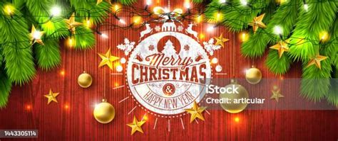 메리 크리스마스와 새해 복 많이 받으세요 금색 유리 공 별 소나무 가지 빈티지 나무 배경에 조명 화환이 있습니다 벡터 휴가 시즌 축하 인사말 카드 파티 초대장 또는 프로모션