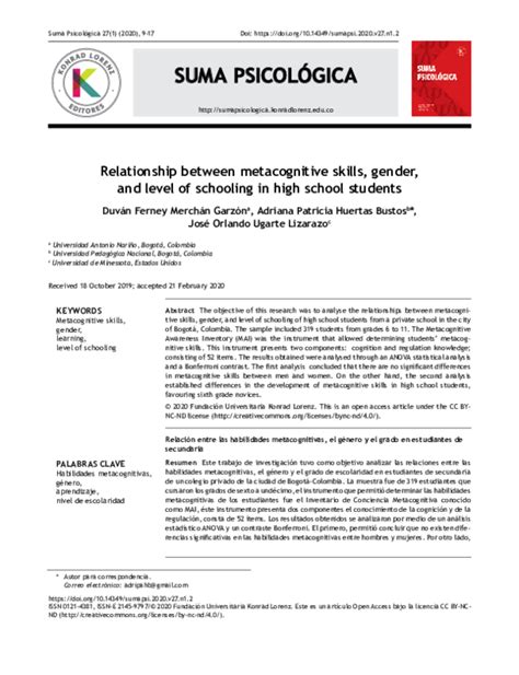 Pdf Relationship Between Metacognitive Skills Gender And Level Of