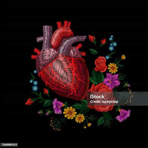자수 크루엘 인간 해부학 심장 의학 장기 꽃 꽃 개화 레드 스티치 자 수 디자인 감촉 상세 패치 패션 장식 템플릿 벡터 일러스트레이션 자수에 대한 스톡 벡터 아트 및 기타