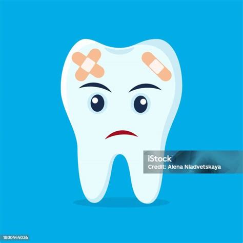 치아가 아프다 불행한 귀여운 치아 캐릭터입니다 충치 치아 어린이 치과를 위한 치과 인물 구강 위생 치아 청소 벡터 일러스트 레이 션입니다 0명에 대한 스톡 벡터 아트 및