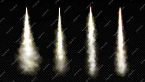 화재 불꽃 벡터와 로켓 발사 연기 흔적 격리 된 현실적인 제트 이륙 폭발 속도 효과 공기에서 증기 트랙으로 설정된 흰색 우주선