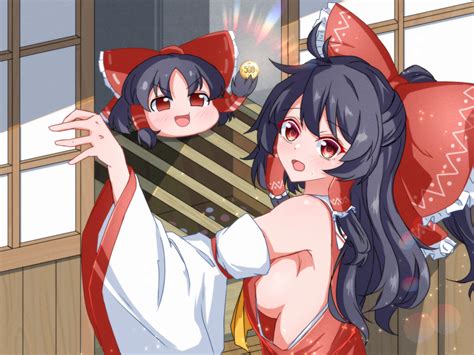 Tasuku Tusktouhou4 Hakurei Reimu Touhou 2girls Black Hair Blush