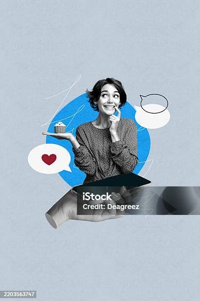 진 아트 포스터 트렌드 콜라주 마음 먹는 소녀 보류 머핀 심장 아이콘 블로깅 개념 엿보기 전화 화면 거품 이야기 25 29세에 대한 스톡 사진 및 기타 이미지 Istock